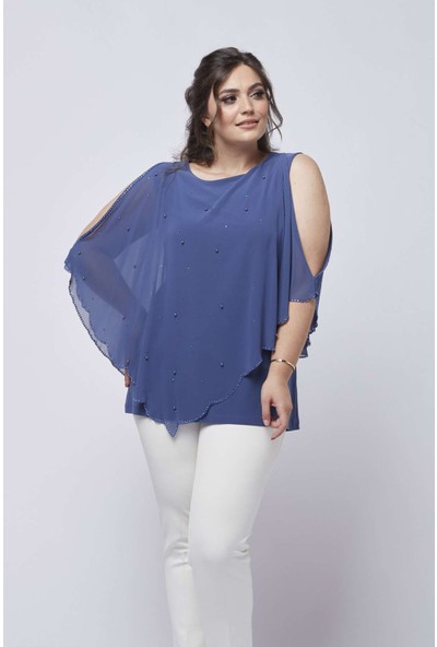 Moda Berray 4050 Indigo Taşlı Pelerinli Şifon Büyük Beden Şık Bluz Moda Berray 4050 Indigo Taşlı Pelerinli Şifon Büyük Beden Şık Bluz