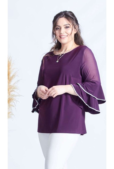Moda Berray 4043 Mürdüm Kolları Volanlı Şık Taşlı Esnek Kumaş Büyük Beden Bluz Moda Berray 4043 Mürdüm Kolları Volanlı Şık Taşlı Esnek Kumaş Büyük Beden Bluz