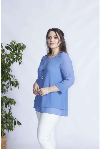 Moda Berray 1934 Indigo Kolye Yakalı Şifon Büyük Beden Şık Bluz