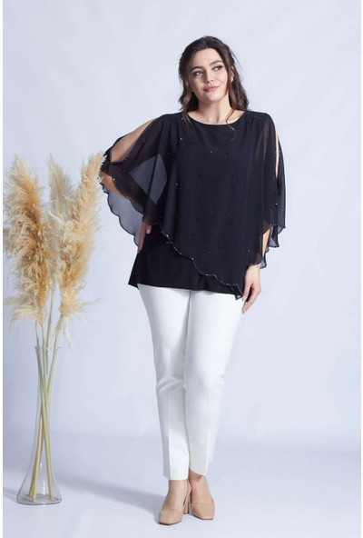 Moda Berray 4050 Siyah Taşlı Pelerinli Şifon Büyük Beden Şık Bluz Moda Berray 4050 Siyah Taşlı Pelerinli Şifon Büyük Beden Şık Bluz