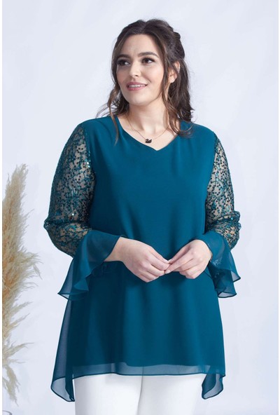 Moda Berray 1939 Petrol Kolu Dantel Pullu Şifon Büyük Beden Şık Bluz Moda Berray 1939 Petrol Kolu Dantel Pullu Şifon Büyük Beden Şık Bluz
