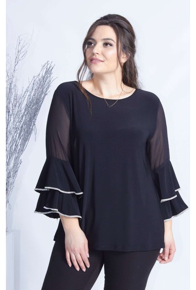 Moda Berray 4043 Siyah Kolları Volanlı Şık Taşlı Esnek Kumaş Büyük Beden Bluz Moda Berray 4043 Siyah Kolları Volanlı Şık Taşlı Esnek Kumaş Büyük Beden Bluz