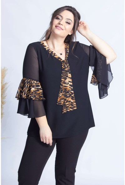 Moda Berray 4039 Siyah/leopar Volan Kollu Büyük Beden Bluz Moda Berray 4039 Siyah/leopar Volan Kollu Büyük Beden Bluz