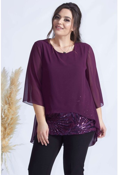 Moda Berray 4046 Mürdüm Şifon -Payet Dantel Kombinli Büyük Beden Bluz