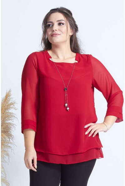 Moda Berray 1934 Kırmızı Kolye Yakalı Şifon Büyük Beden Şık Bluz Moda Berray 1934 Kırmızı Kolye Yakalı Şifon Büyük Beden Şık Bluz