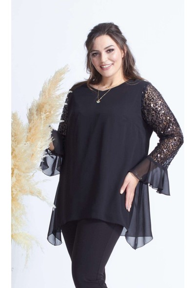 Moda Berray 1939 Siyah Pullu Kollu Şifon Büyük Beden Şık Bluz Moda Berray 1939 Siyah Pullu Kollu Şifon Büyük Beden Şık Bluz