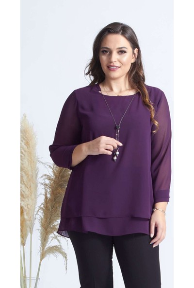 Moda Berray 1934 Mürdüm Kolye Yakalı Şifon Büyük Beden Şık Bluz Moda Berray 1934 Mürdüm Kolye Yakalı Şifon Büyük Beden Şık Bluz
