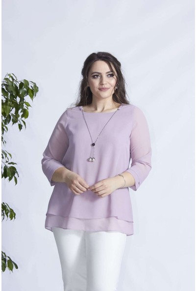 Moda Berray 1934 Kolye Yakalı Şifon Büyük Beden Şık Bluz Açık Lila Moda Berray 1934 Kolye Yakalı Şifon Büyük Beden Şık Bluz Açık Lila
