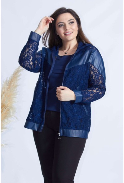 Moda Berray 4031 Lacivert Fermuarlı Derili Kombin Dantel Büyük Beden Ceket Moda Berray 4031 Lacivert Fermuarlı Derili Kombin Dantel Büyük Beden Ceket