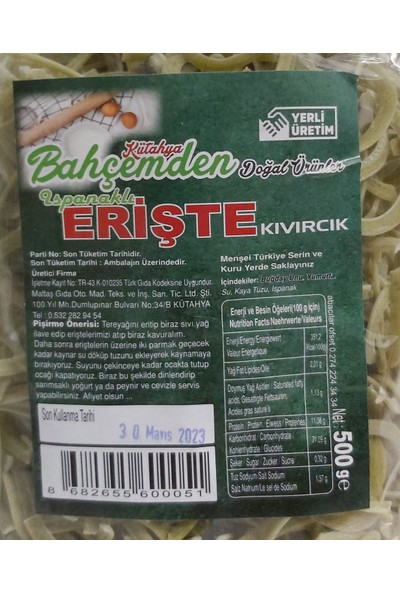 Kütahya Bahçemden Ispanaklı Erişte (Saçaklı) 500 gr