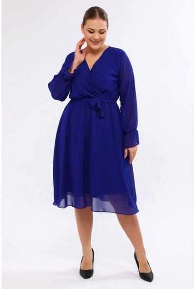 Modayız Uzun Kol Büyük Beden Şifon Saks Elbise 36A-2002