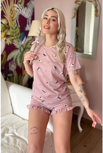 Pijama Evi Pasta Kahve Baskılı Şortlu Kadın Pijama Takımı Pijama Evi Pasta Kahve Baskılı Şortlu Kadın Pijama Takımı