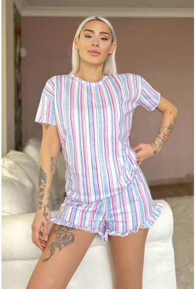 Pijama Evi Mavi Çizgili Baskılı Şortlu Kadın Pijama Takımı
