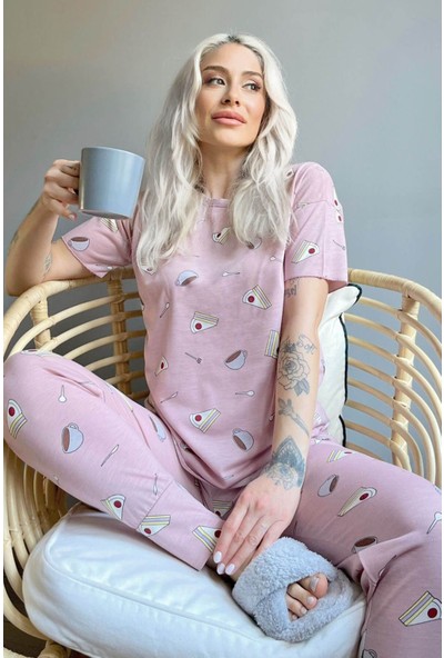 Pijama Evi Cheesecake Kahve Baskılı Kısa Kollu Kadın Pijama Takımı