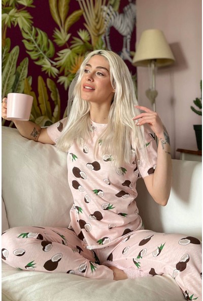 Pijama Evi Coconut Baskılı Kısa Kollu Kadın Pijama Takımı