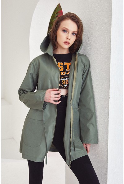 Lime Moda Fermuarlı Cepli Yağmurluk-Haki Lime Moda Fermuarlı Cepli Yağmurluk-Haki