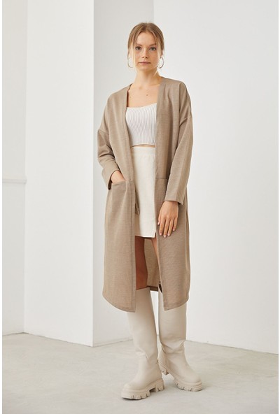 Lime Moda Iki Cep Hırka-Vizon