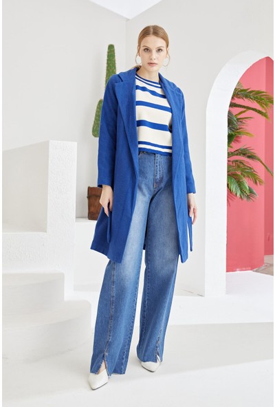 Lime Moda Kuşaklı Kaşe Kaban-Saks Lime Moda Kuşaklı Kaşe Kaban-Saks