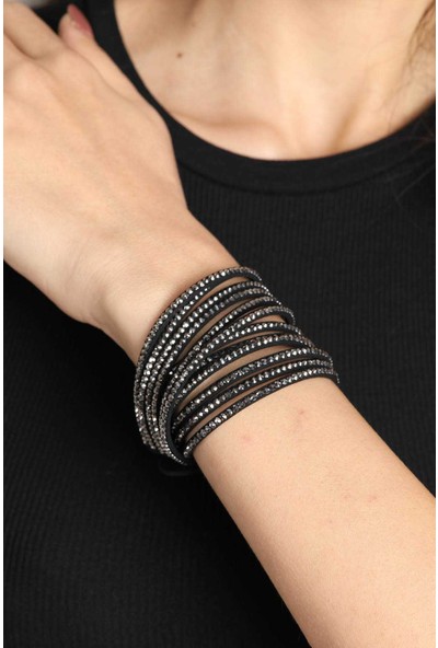 Gri Bijuteri Kadın Bileklik Dolama Baskı Taşlı