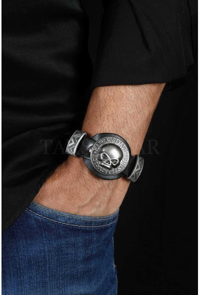 Vercetti Siyah Bijuteri Erkek Bileklik Kuru Kafa Tasarımlı Kayışlı Deri