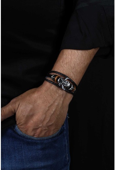 Vercetti Siyah Bijuteri Erkek Bileklik Korsan Amblemi Çıtçıtlı Örme Deri Vercetti Siyah Bijuteri Erkek Bileklik Korsan Amblemi Çıtçıtlı Örme Deri