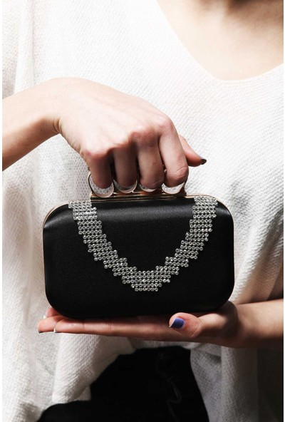 Beoje Siyah Aksesuar Çanta Abiye Saten Taş Tasarım