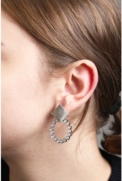 Beoje Gümüş Bijuteri Küpe Taşlı Kare Tasarım Yuvarlak