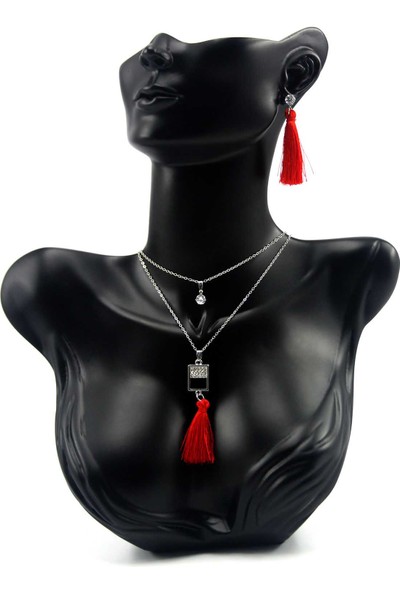Beoje Kırmızı Bijuteri Kolye Gümüş Renk Tasarımlı Geometrik Detaylı Püsküllü Beoje Kırmızı Bijuteri Kolye Gümüş Renk Tasarımlı Geometrik Detaylı Püsküllü