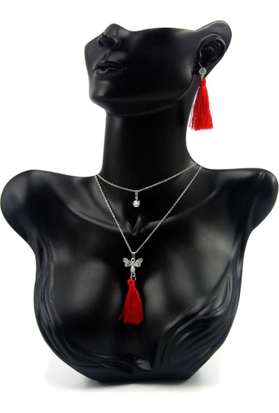 Beoje Kırmızı Bijuteri Kolye Gümüş Renk Tasarımlı Kelebek Detaylı Püsküllü Beoje Kırmızı Bijuteri Kolye Gümüş Renk Tasarımlı Kelebek Detaylı Püsküllü