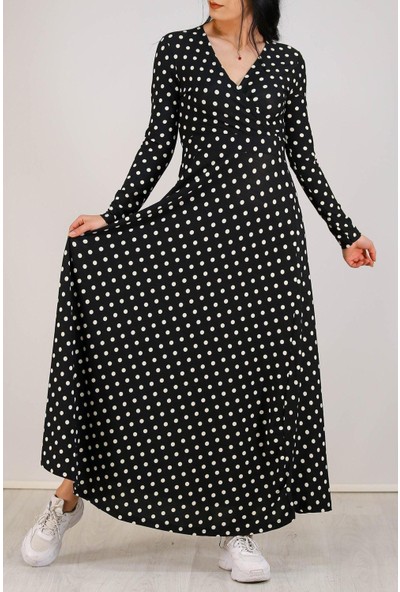 Kasheha Kadın Siyah Kruvaze Yaka Puantiye Desenli Belden Oturtmalı Likralı Uzun Elbise - KAD3325563