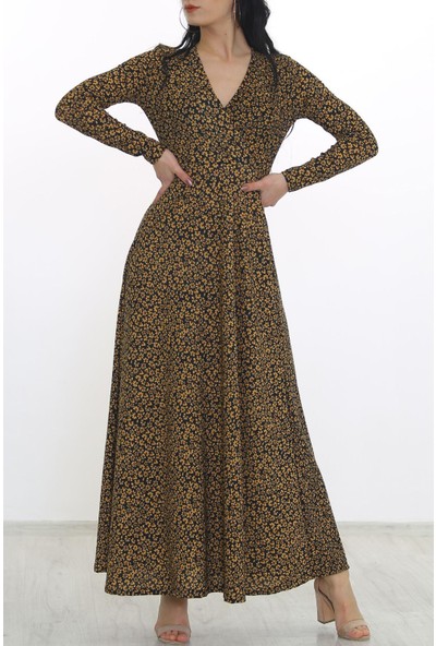 Kasheha Kadın Bej-Siyah Kruvaze Yaka Çiçek Desenli Belden Oturtmalı Likralı Uzun Elbise - KAD3325563