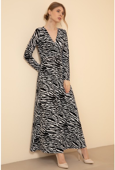 Kasheha Kadın Siyah-Ekru Kruvaze Yaka Zebra Desenli Belden Oturtmalı Likralı Uzun Elbise - KAD3325563 Kasheha Kadın Siyah-Ekru Kruvaze Yaka Zebra Desenli Belden Oturtmalı Likralı Uzun Elbise - KAD3325563