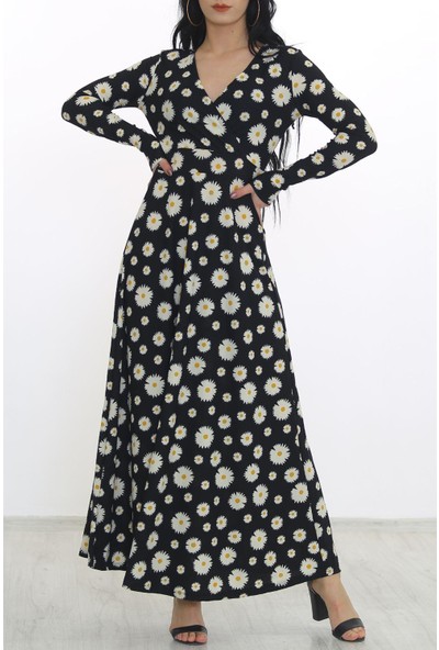Kasheha Kadın Siyah-Ekru-Sarı Kruvaze Yaka Çiçek Desenli Belden Oturtmalı Likralı Uzun Elbise - KAD3325563