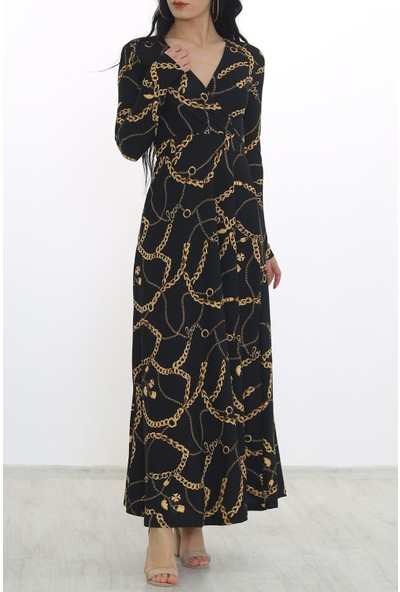 Kasheha Kadın Siyah-Hardal Kruvaze Yaka Zincir Desenli Belden Oturtmalı Likralı Uzun Elbise - KAD3325563