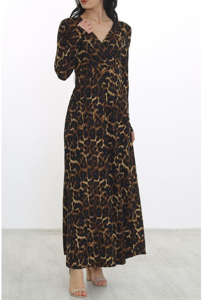Kasheha Kadın Siyah-Kahverengi Kruvaze Yaka Leopar Desenli Belden Oturtmalı Likralı Uzun Elbise - KAD3325563 Kasheha Kadın Siyah-Kahverengi Kruvaze Yaka Leopar Desenli Belden Oturtmalı Likralı Uzun Elbise - KAD3325563