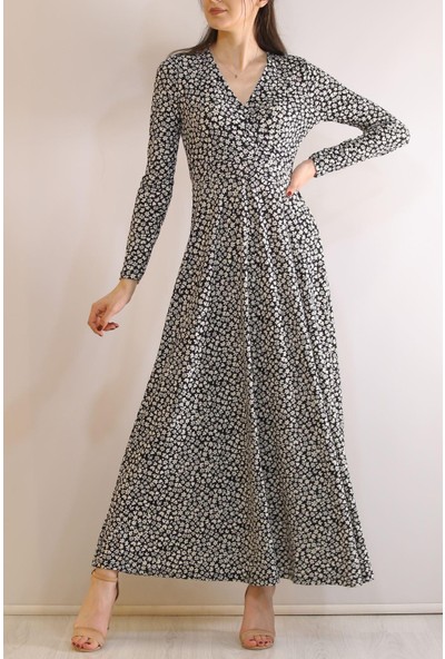 Kasheha Kadın Siyah-Krem Kruvaze Yaka Çiçek Desenli Belden Oturtmalı Likralı Uzun Elbise - KAD3325563