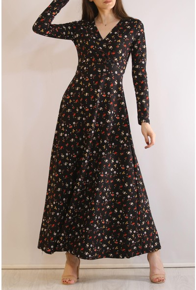 Kasheha Kadın Siyah-Sarı-Kırmızı Kruvaze Yaka Çiçek Desenli Belden Oturtmalı Likralı Uzun Elbise - KAD3325563
