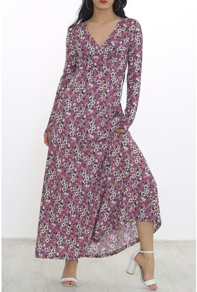 Kasheha Kadın Lila-Beyaz Kruvaze Yaka Çiçek Desenli Belden Oturtmalı Likralı Uzun Elbise - KAD3325563 Kasheha Kadın Lila-Beyaz Kruvaze Yaka Çiçek Desenli Belden Oturtmalı Likralı Uzun Elbise - KAD3325563