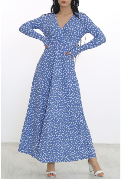 Kasheha Kadın Mavi-Beyaz Kruvaze Yaka Çiçek Desenli Belden Oturtmalı Likralı Uzun Elbise - KAD3325563 Kasheha Kadın Mavi-Beyaz Kruvaze Yaka Çiçek Desenli Belden Oturtmalı Likralı Uzun Elbise - KAD3325563