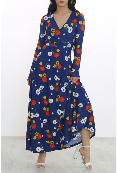 Kasheha Kadın Saks-Kırmızı Kruvaze Yaka Çiçek Desenli Belden Oturtmalı Likralı Uzun Elbise - KAD3325563 Kasheha Kadın Saks-Kırmızı Kruvaze Yaka Çiçek Desenli Belden Oturtmalı Likralı Uzun Elbise - KAD3325563