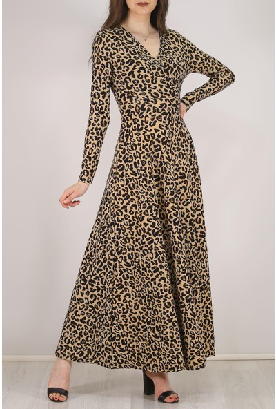 Kasheha Kadın Siyah-Bej Kruvaze Yaka Leopar Desenli Belden Oturtmalı Likralı Uzun Elbise - KAD3325563 Kasheha Kadın Siyah-Bej Kruvaze Yaka Leopar Desenli Belden Oturtmalı Likralı Uzun Elbise - KAD3325563