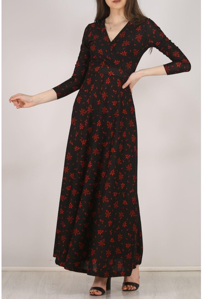 Kasheha Kadın Siyah-Bordo Kruvaze Yaka Çiçek Desenli Belden Oturtmalı Likralı Uzun Elbise - KAD3325563