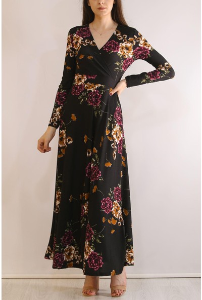 Kasheha Kadın Siyah-Mor-Hardal Kruvaze Yaka Çiçek Desenli Belden Oturtmalı Likralı Uzun Elbise - KAD3325563