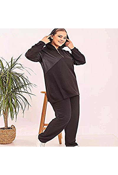 Escbutik Kadın Büyük Beden Siyah Yaka Detay Fermuarlı 2 Li Eşofman