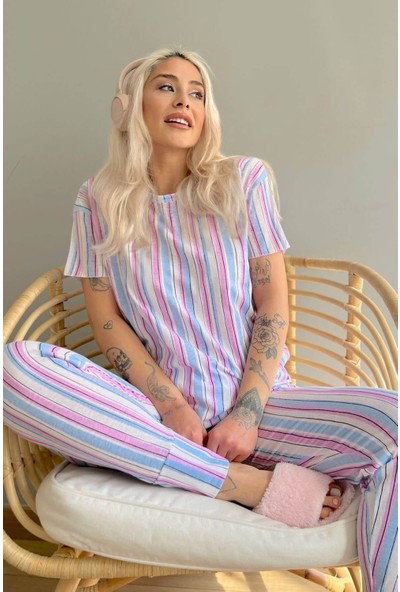 Pijama Evi Mavi Linie Baskılı Kısa Kollu Kadın Pijama Takımı