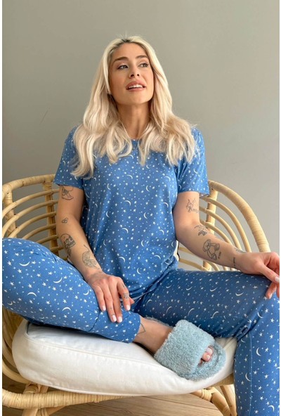 Pijama Evi Mavi Halbmond Baskılı Kısa Kollu Kadın Pijama Takımı