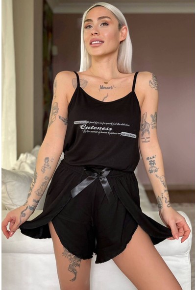 Pijama Evi Siyah Cuteness Baskılı Örme Ip Askı Şortlu Pijama Takımı