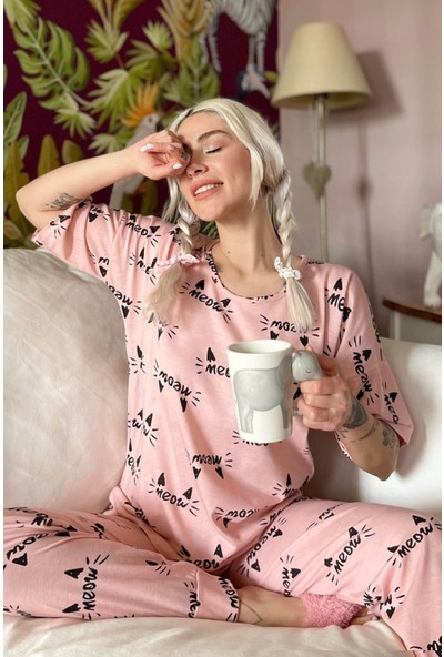 Pijama Evi Kotele Baskılı Kısa Kollu Kadın Pijama Takımı