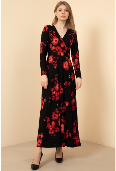 Kasheha Kadın Siyah-Kırmızı Kruvaze Yaka Çiçek Desenli Belden Oturtmalı Likralı Uzun Elbise - KAD3325563