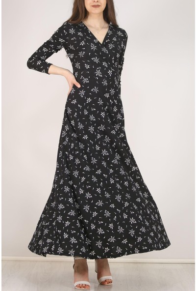 Kasheha Kadın Siyah-Siyah Kruvaze Yaka Çiçek Desenli Belden Oturtmalı Likralı Uzun Elbise - KAD3325563